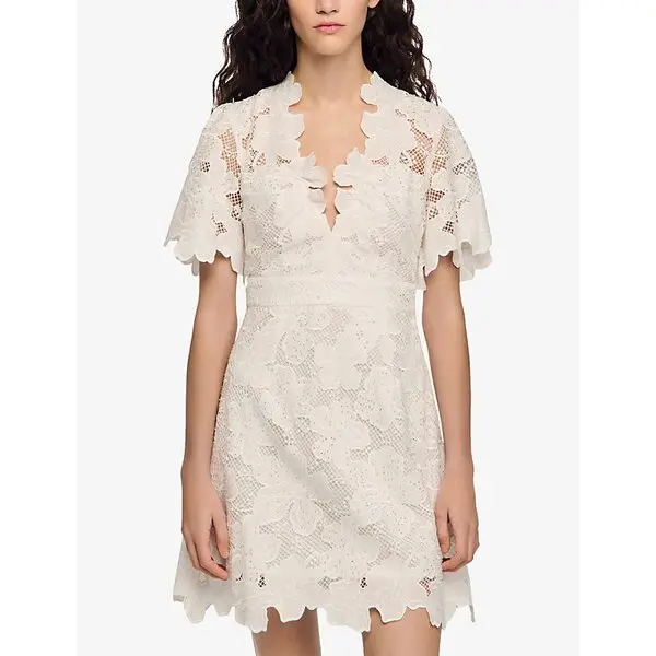 Sandro Floral V-neck Cotton-blend Mini Dress - White