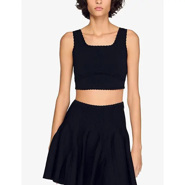 Sandro Cropped Scalloped-trim Stretch-knit Jumper