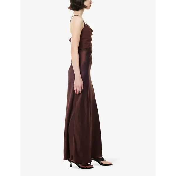 4th and reckless brown dress 4th & Reckless ruched side sleeveless gold-tone metal shoulder detailing  maxi dress in chocolate