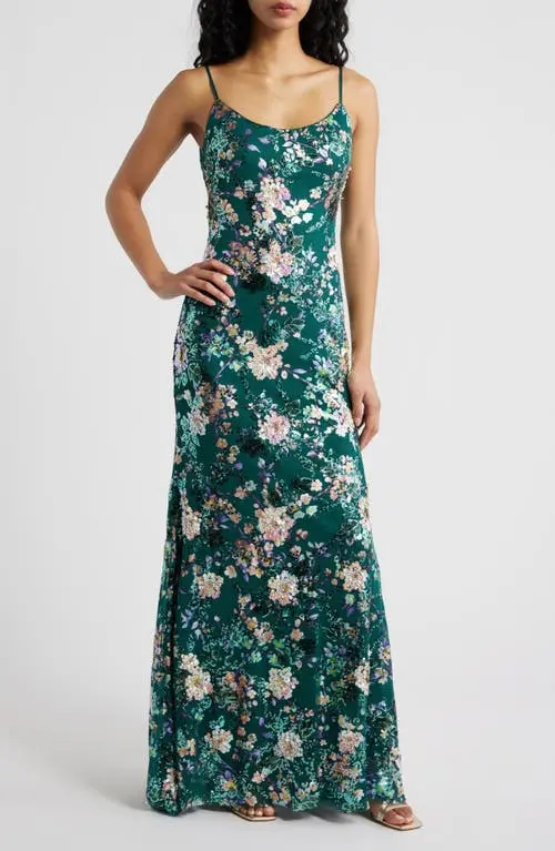 EMERALD SUNDAE Floral Sequin Gown
