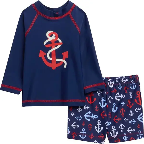 LITTLE ME Graphic Rashguard And Swim Trunks Set - Blue