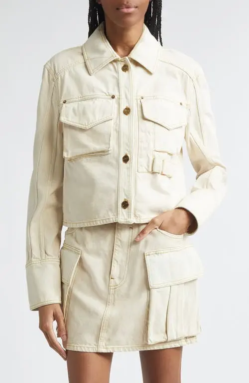 Balmain Faded Denim Cropped Jacket - Ivory/blue Multi