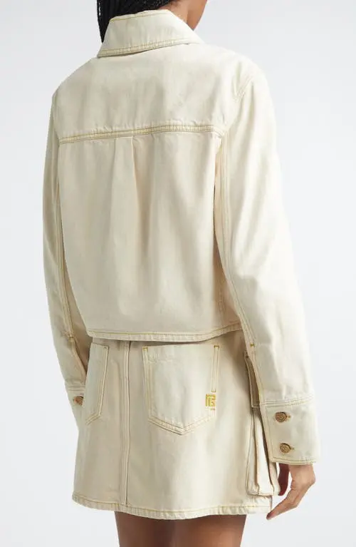 Balmain Faded Denim Cropped Jacket - Ivory/blue Multi