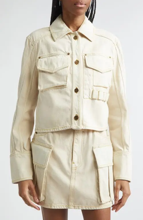 Balmain Faded Denim Cropped Jacket - Ivory/blue Multi