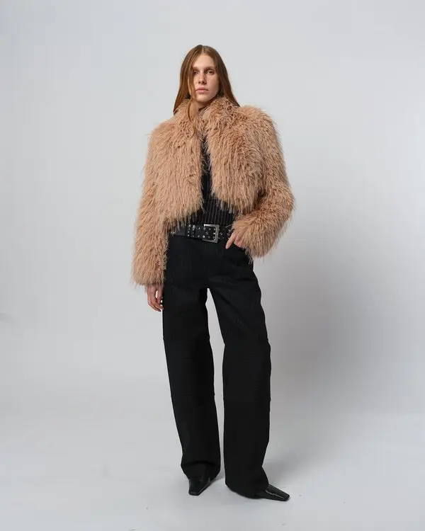 Apparis Ginette Cropped Faux Fur Jacket - Buff