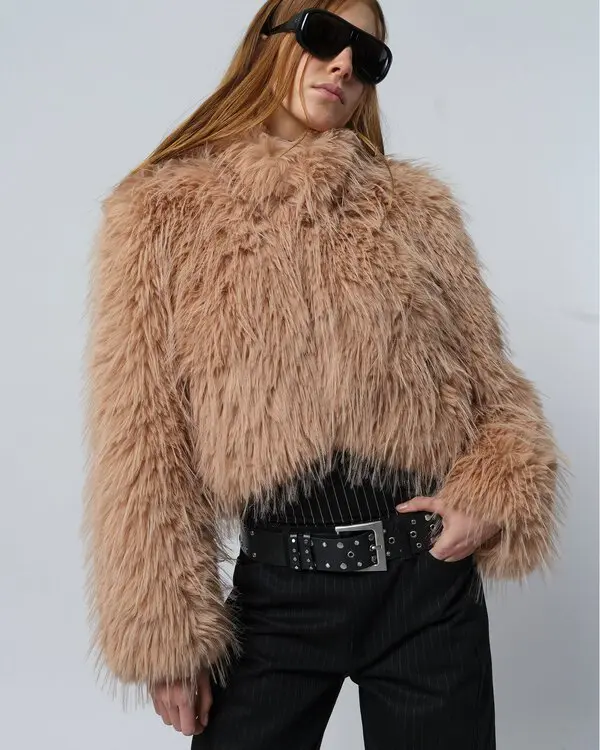 Apparis Ginette Cropped Faux Fur Jacket - Buff