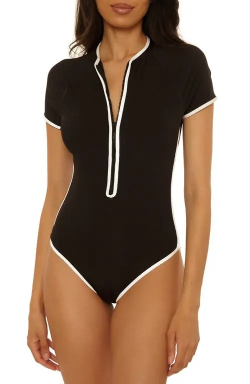 Trina Turk Contrast Binding Short Sleeve Rib One-piece Rashguard Swimsuit - Black