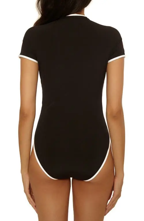Trina Turk Contrast Binding Short Sleeve Rib One-piece Rashguard Swimsuit