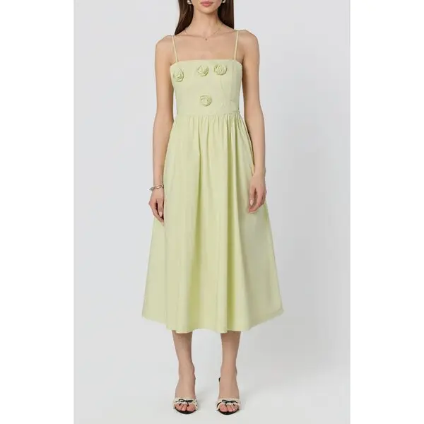 Astr The Label Silvie Floral Appliqué Midi Dress - Celery