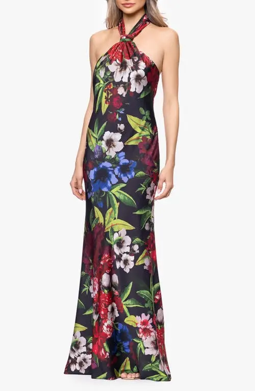 Betsy & Adam Floral Print Satin Halter Gown - Black/Multi | Editorialist