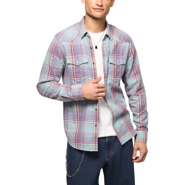 Lucky Brand Plaid Flannel Acid Wash Western Shirt - Blue Multi