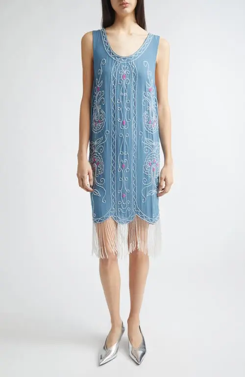 BODE Sea Flower Beaded Fringe Silk Dress - Blue Multi