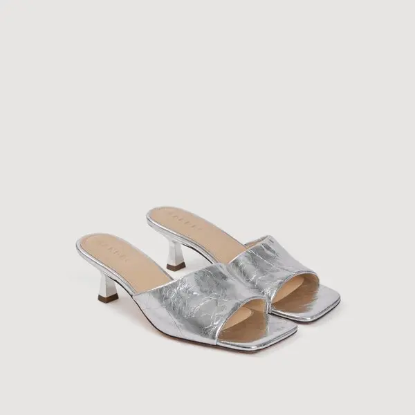 Sandro Heeled Metallic Leather Mules - Silver