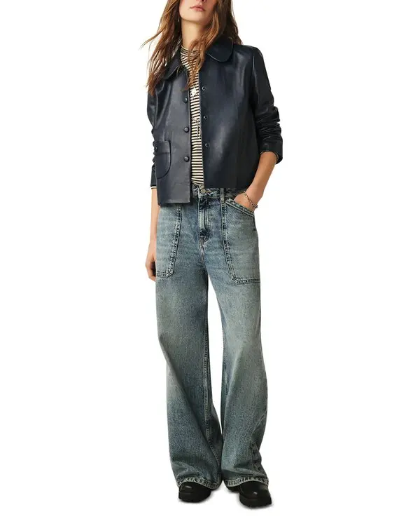 Ba&sh Leather Collared Jacket - Navy