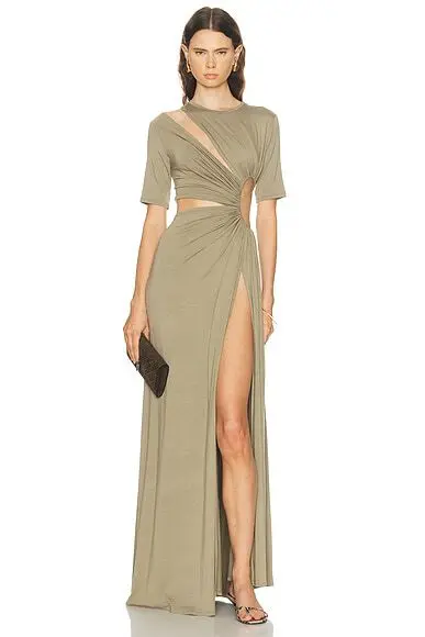 SID NEIGUM Gathered Slit Maxi Dress - Olive