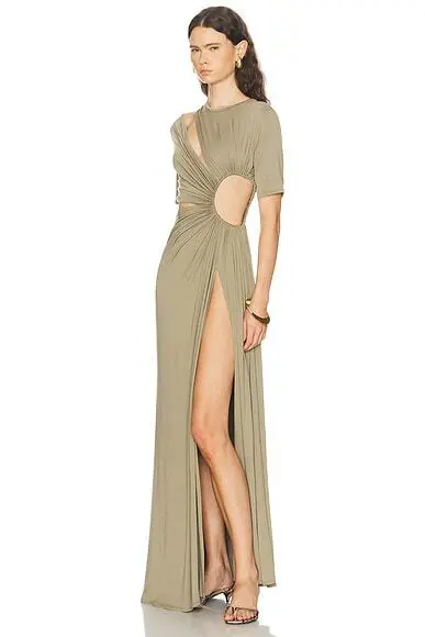 SID NEIGUM Gathered Slit Maxi Dress - Olive