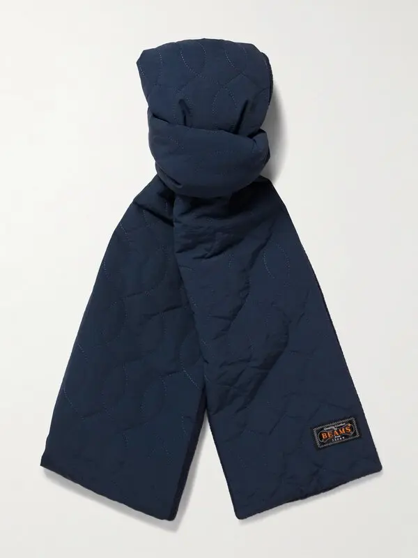 BEAMS Muffler Boa Logo-appliquéd Padded Plush-trimmed Quilted Scarf - Navy
