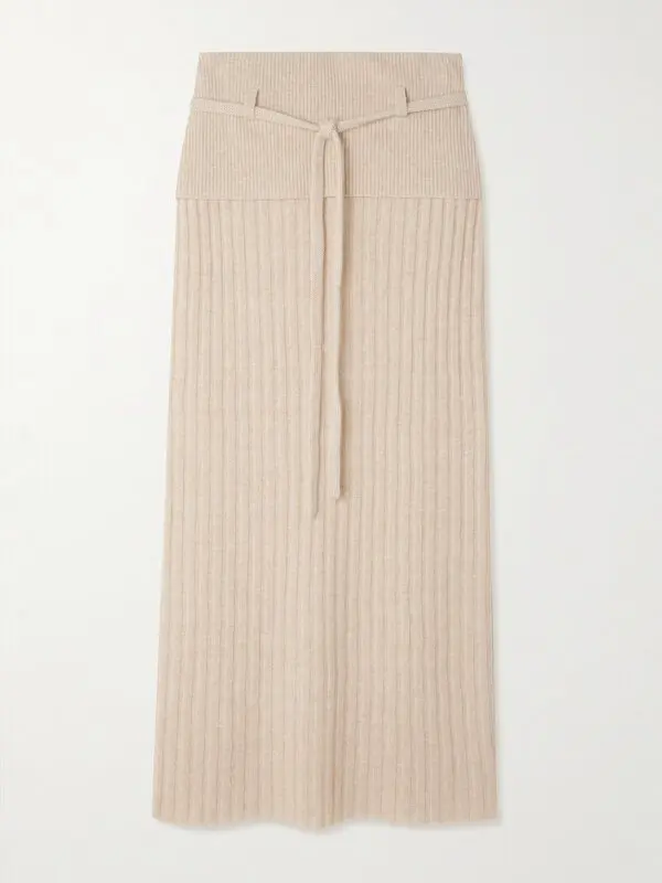 Guest In Residence Lia Layered Ribbed Cashmere And Linen-blend Midi Skirt - Neutrals