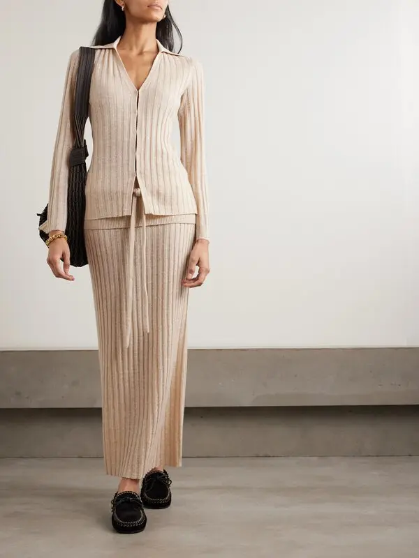 Guest In Residence Lia Layered Ribbed Cashmere And Linen-blend Midi Skirt - Neutrals
