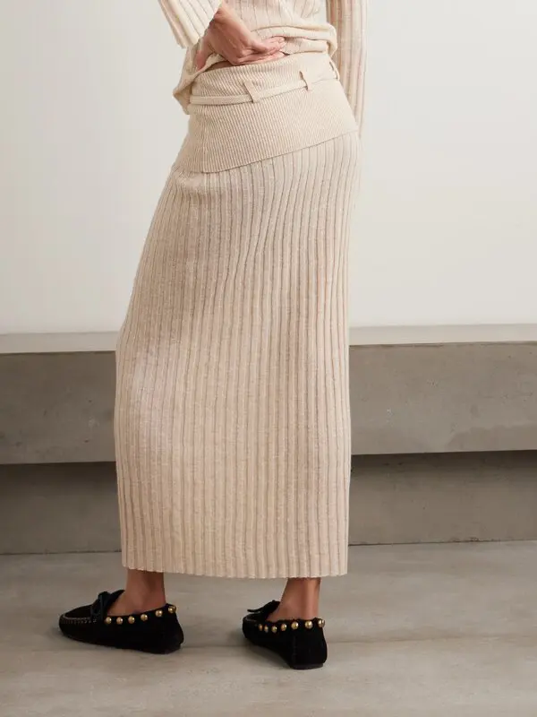 Guest In Residence Lia Layered Ribbed Cashmere And Linen-blend Midi Skirt - Neutrals