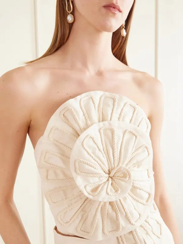 ANDRES OTALORA Cosmos Strapless Cropped Embroidered Linen Top