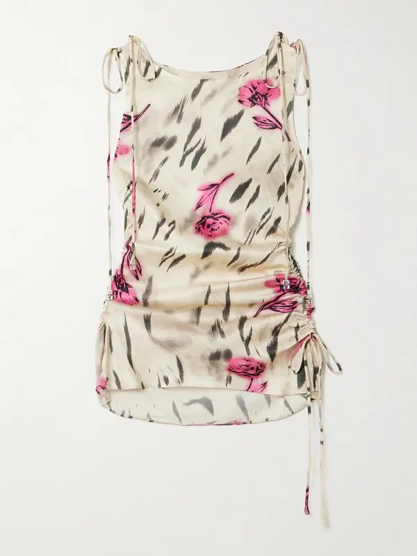 GANNI Tie-detailed Printed Satin Top - Multi