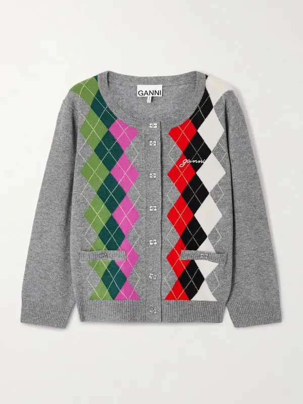 GANNI Logo-embroidered Argyle Merino Wool And Cashmere-blend Cardigan - Gray
