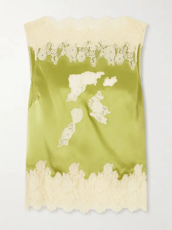 DÔEN Viviane Lace-trimmed Silk-satin Top - Green