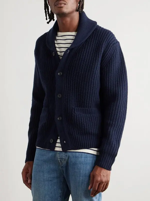 Hartford Shawl-collar Ribbed Wool Cardigan - Blue