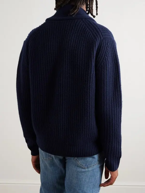 Hartford Shawl-collar Ribbed Wool Cardigan - Blue