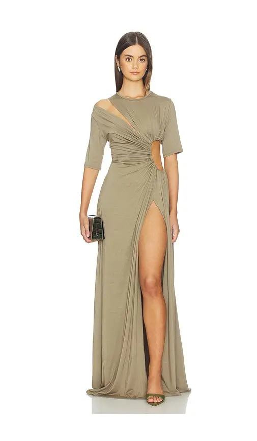 SID NEIGUM Gathered Slit Maxi Dress - Olive