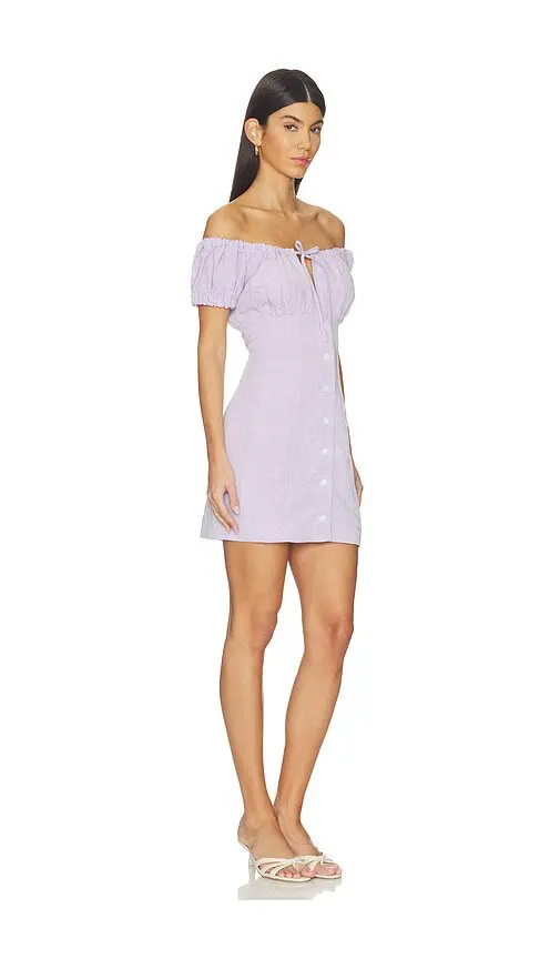 Matthew Bruch Bubble Tie Off The Shoulder Mini Dress - Lavender Tencel Linen  | Editorialist