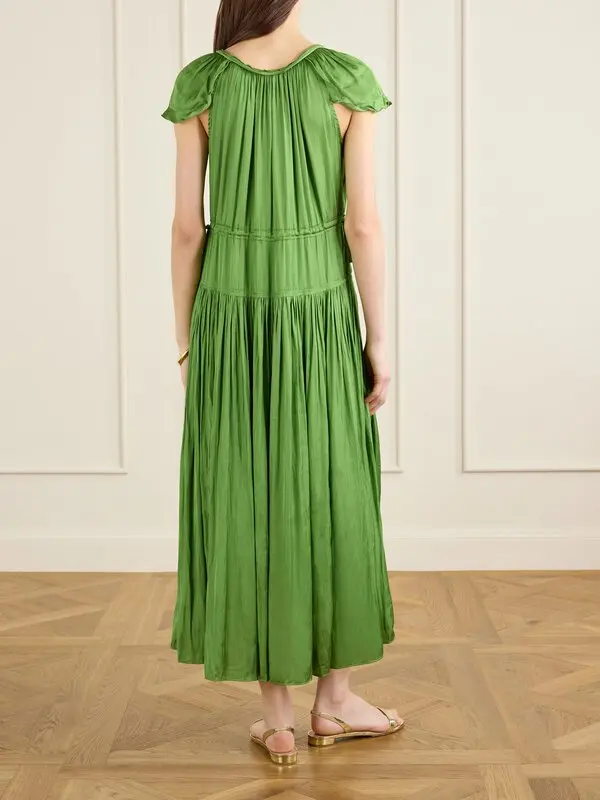 LA LIGNE Sienna Pintucked Ruffled Satin Midi Dress - Green