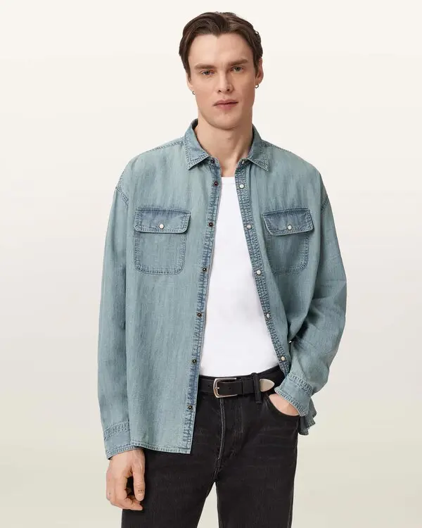 ALLSAINTS Gribbs Oversized Long Sleeve Shirt - Blue