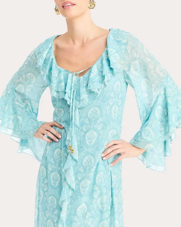 Mestiza New York Bimini Trellis Chiffon Ruffle Kaftan Midi Dress