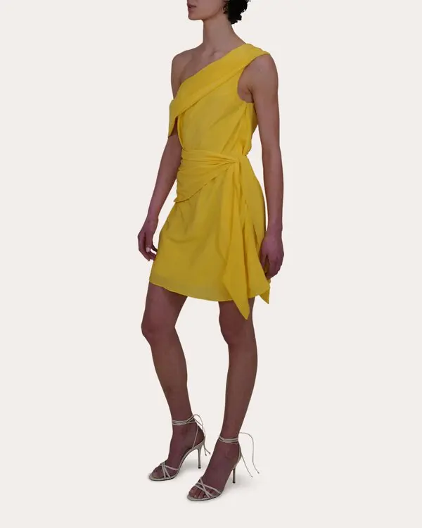 Azeeza Kavari Satin Drape Asymmetric Mini Dress - Yellow