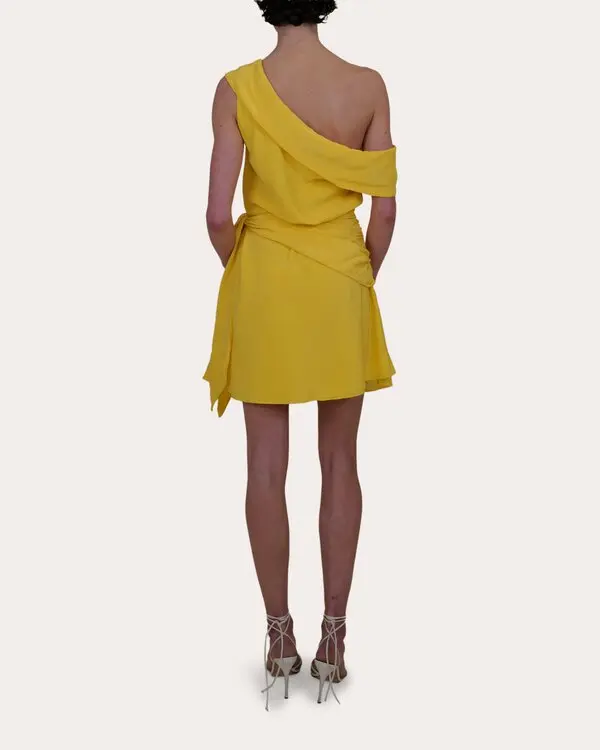 Azeeza Kavari Satin Drape Asymmetric Mini Dress - Yellow
