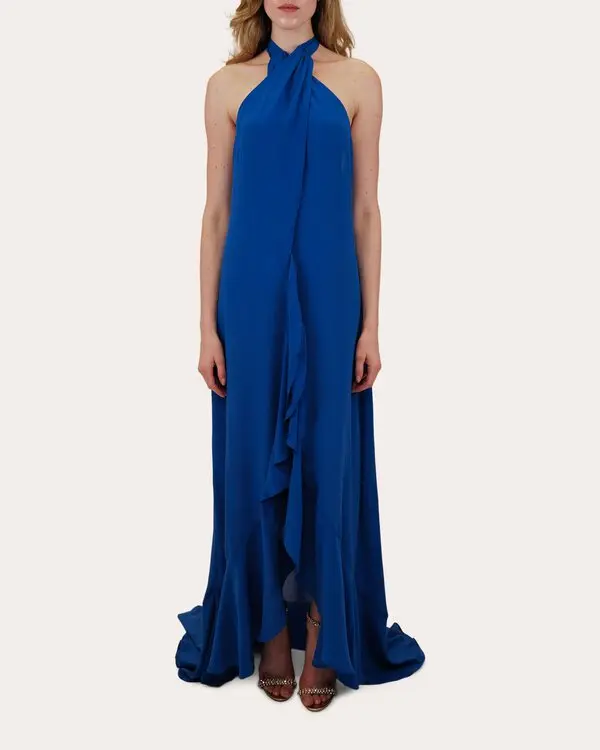Azeeza Bari Crepe De Chine Halter Gown - Blue