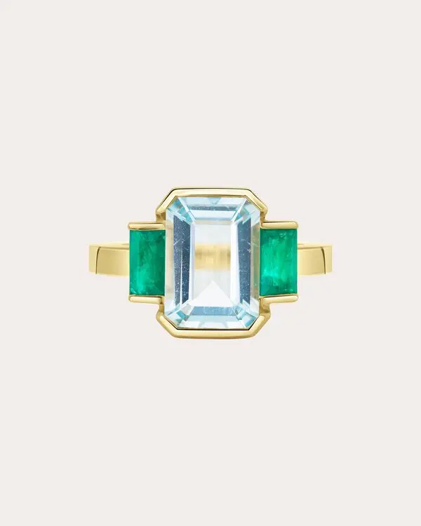 YI COLLECTION Aquamarine & Emerald Deco Spring Ring - Blue & Green