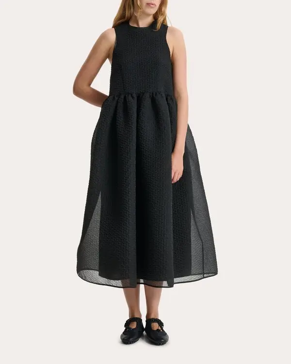 Cecilie Bahnsen Dora Matelassé Gathered Midi Dress - Black