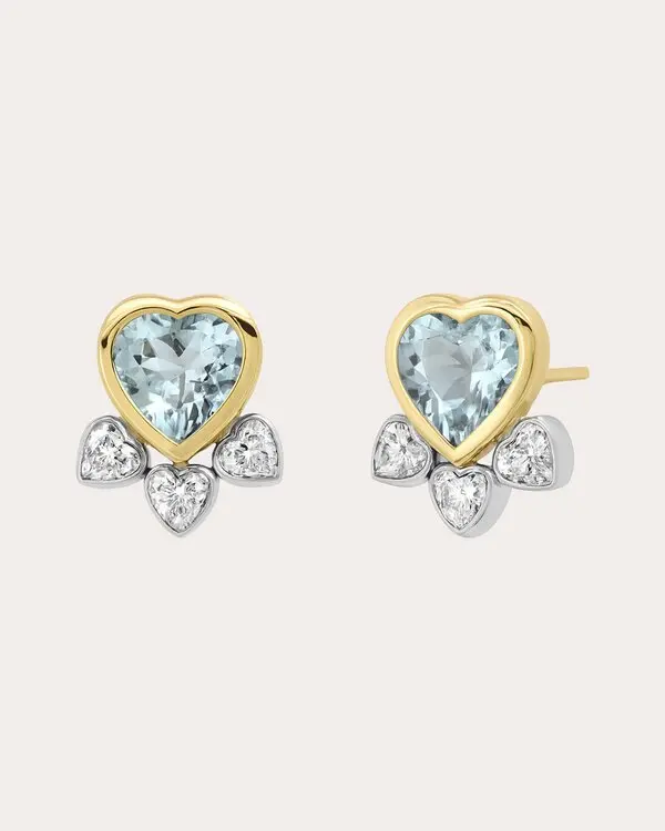 FUTURE FORTUNE Aquamarine And Diamond Heart Stud Earrings - Yellow/white