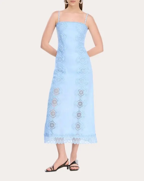 Waimari Rocio Embroidered Lace Linen Maxi Dress - Blue