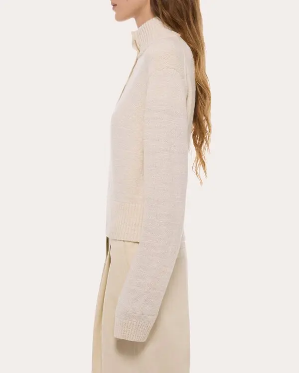 Helmut Lang Slub Wool Button Mock Neck Sweater - White