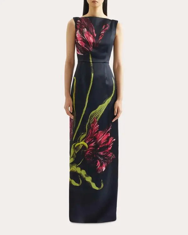 Erdem Floral Satin Boatneck Gown - Black