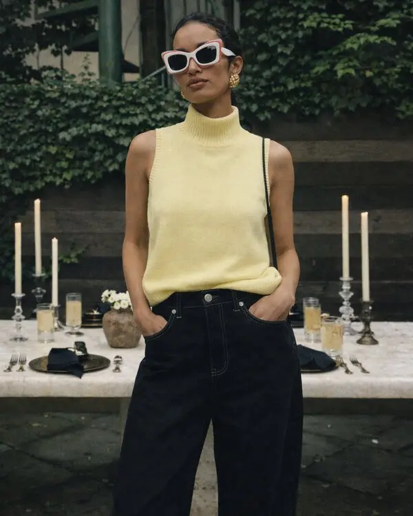 Helmut Lang Knit Cotton Mock Neck Sweater Tank - Yellow