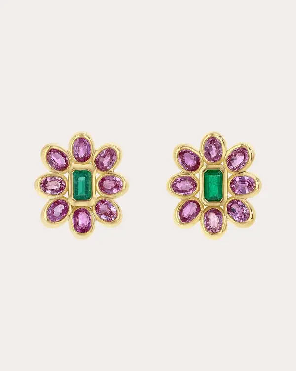 FUTURE FORTUNE Sapphire & Emerald Baby Bloom Stud Earrings - Pink