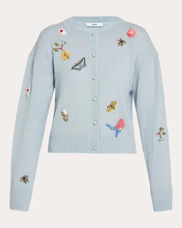 Erdem Embroidered Wool Crewneck Cardigan - Blue