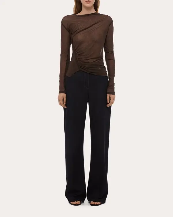 Helmut Lang Sheer Jersey Ruched Asymmetric Top - Brown