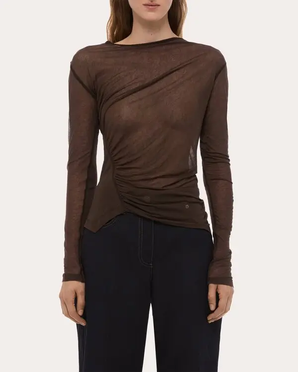 Helmut Lang Sheer Jersey Ruched Asymmetric Top - Brown