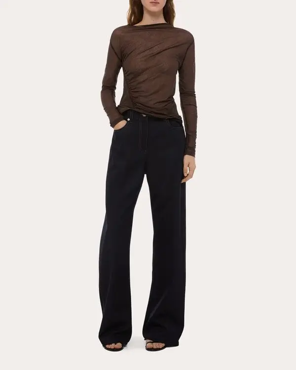 Helmut Lang Sheer Jersey Ruched Asymmetric Top - Brown